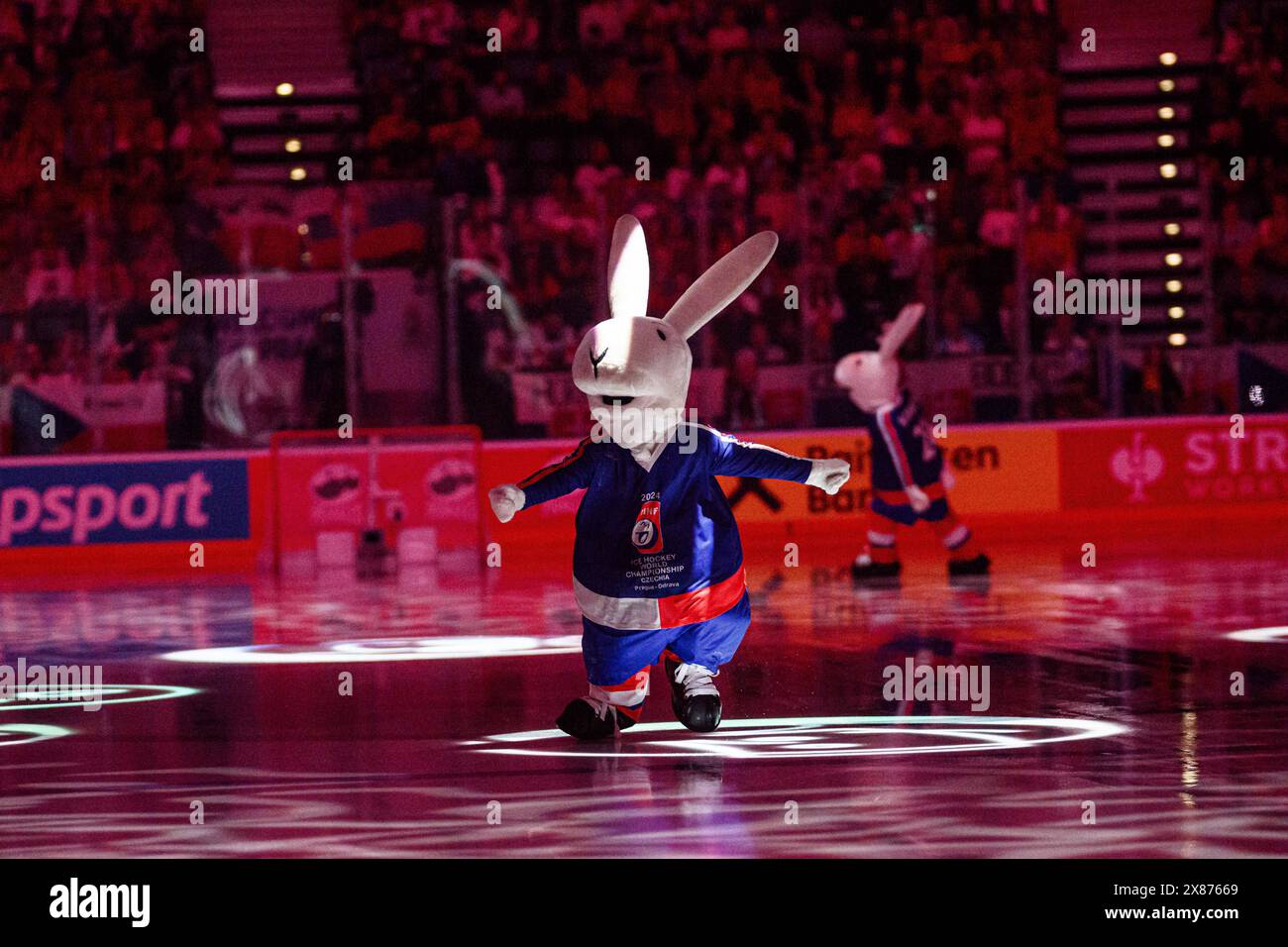 PRAGUE, CZECH REPUBLIC - 23 MAY, 2024:Mascot Bob. The game of IIHF 2024 ...