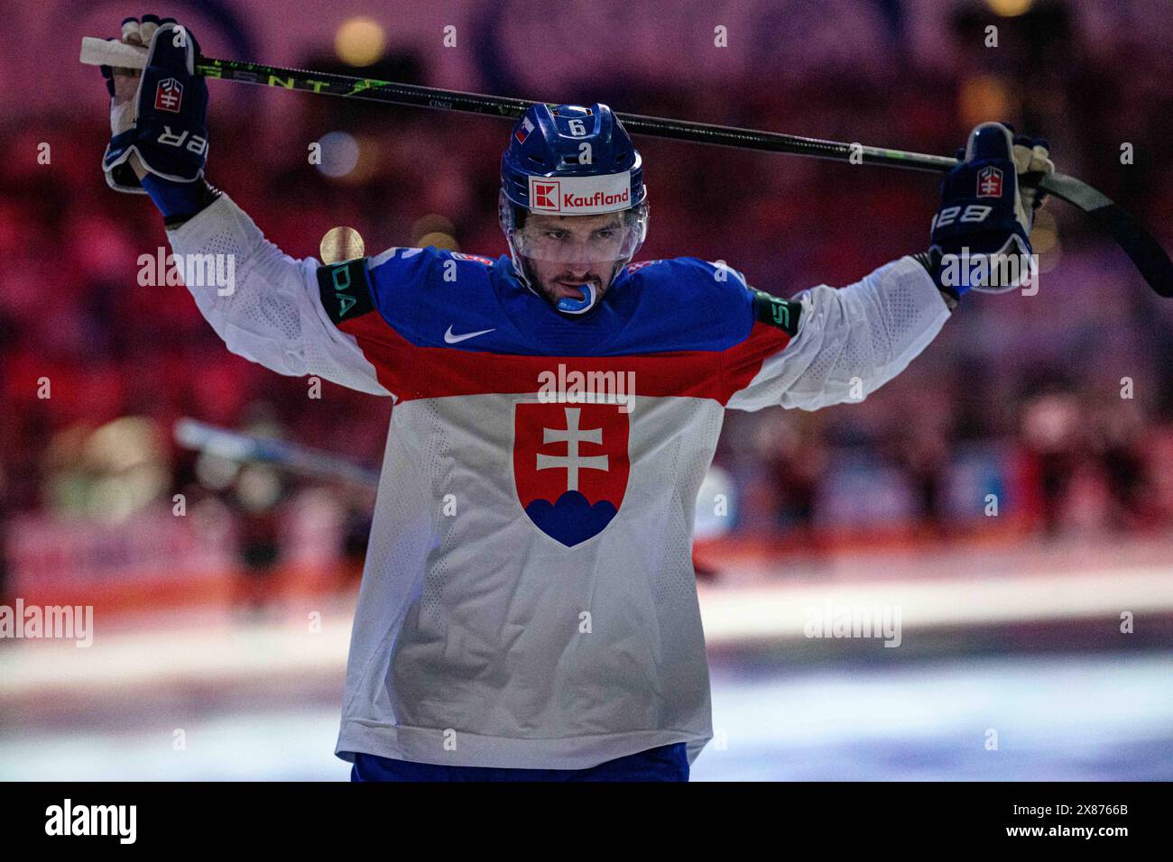 PRAGUE, CZECH REPUBLIC - 23 MAY, 2024:Mascot Bob. The game of IIHF 2024 ...