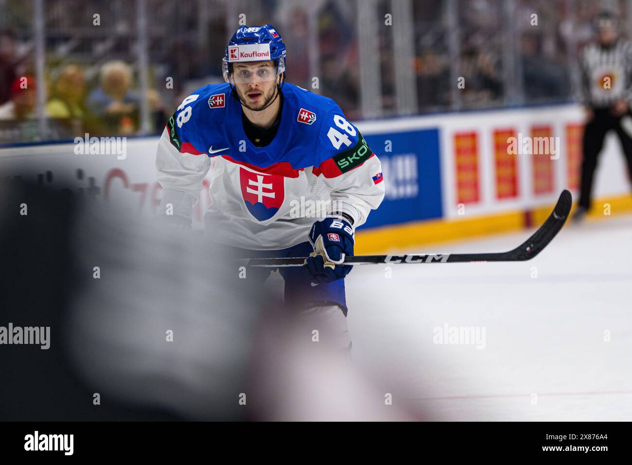 PRAGUE, CZECH REPUBLIC - 23 MAY, 2024:Mascot Bob. The game of IIHF 2024 ...