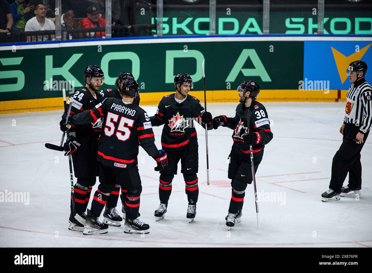 PRAGUE, CZECH REPUBLIC - 23 MAY, 2024:Mascot Bob. The game of IIHF 2024 ...