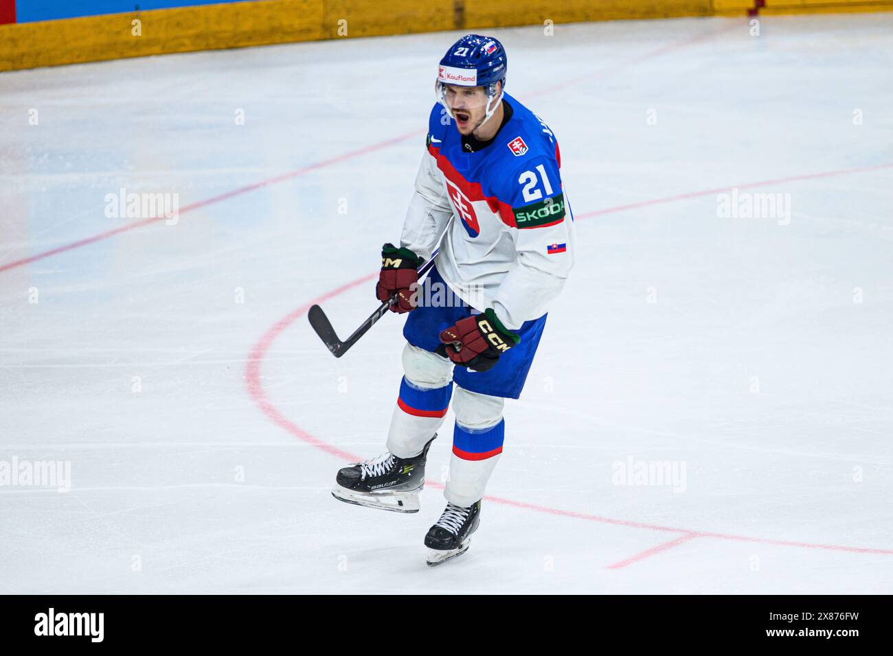 PRAGUE, CZECH REPUBLIC - 23 MAY, 2024:Mascot Bob. The game of IIHF 2024 ...