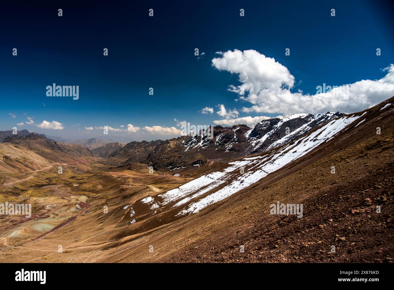panorama of peaks and valleys with plateaus blue sky and white clouds ...