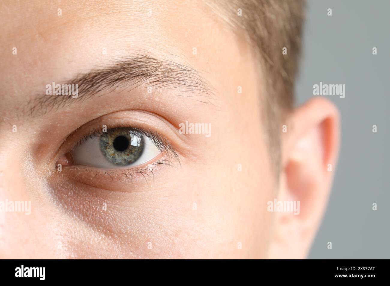 Perfect vision. Man with beautiful eyes on grey background, closeup ...