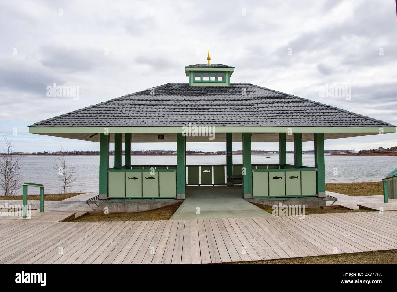 Wooden shelter on the boardwalk at the promenade in North Rustico ...
