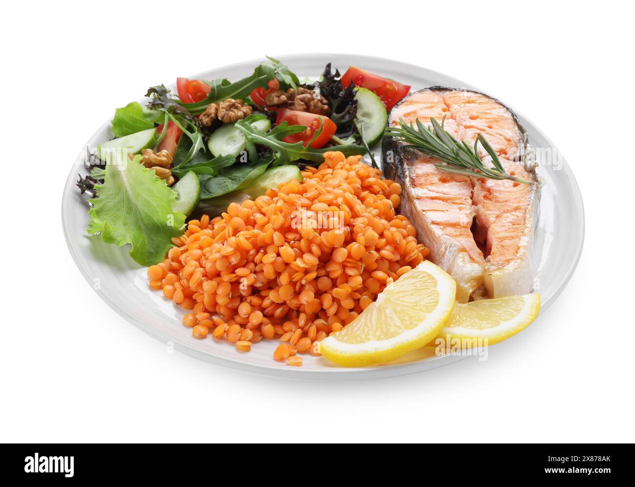 Plate with healthy food high in vegetable fats isolated on white Stock ...
