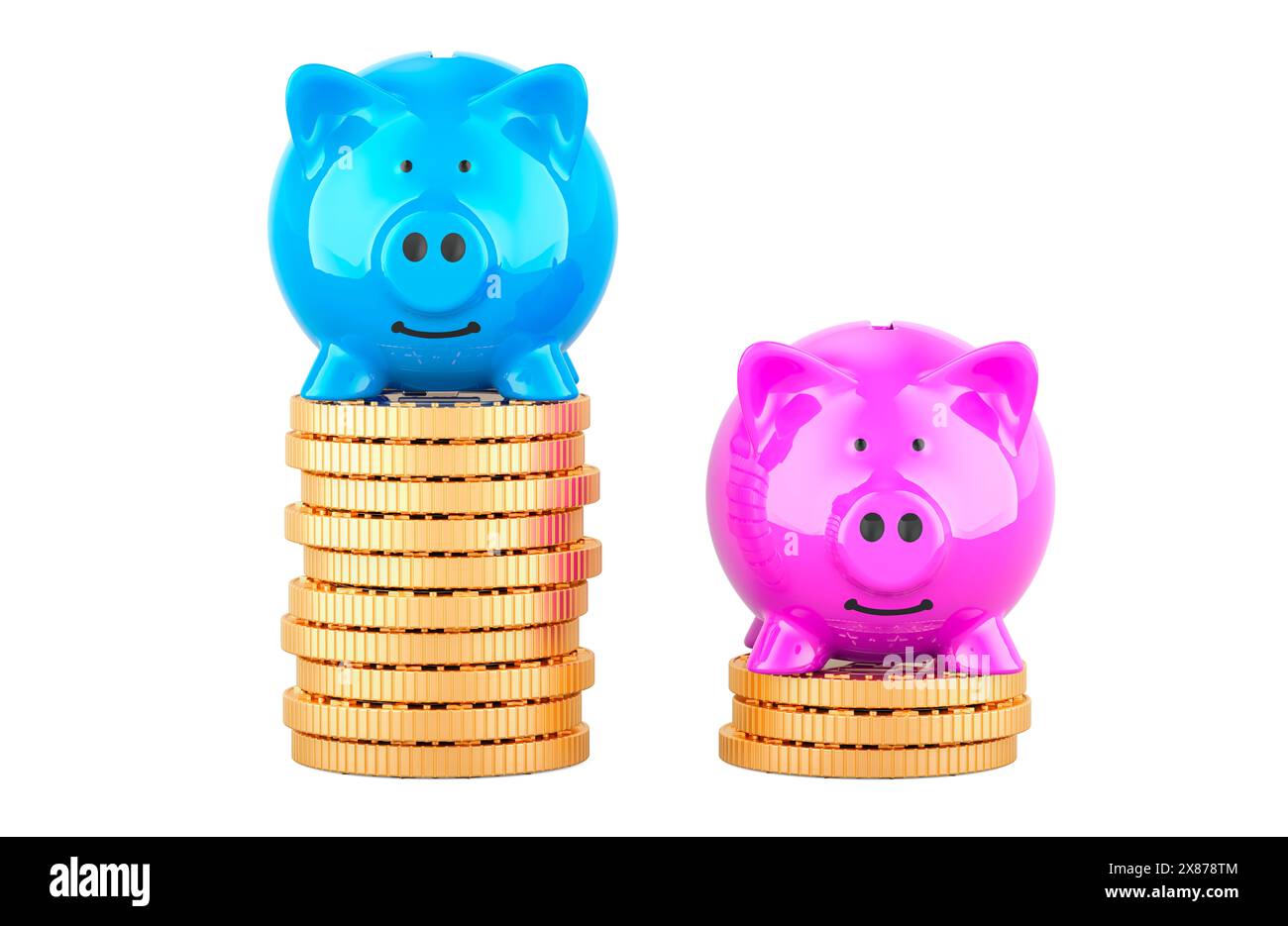 Blue piggy bank and pink on stacks of coins. Gender pay gap, concept ...