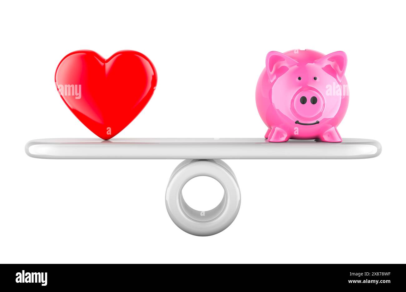 Piggy bank and red heart on balance scale. 3D rendering isolated on ...