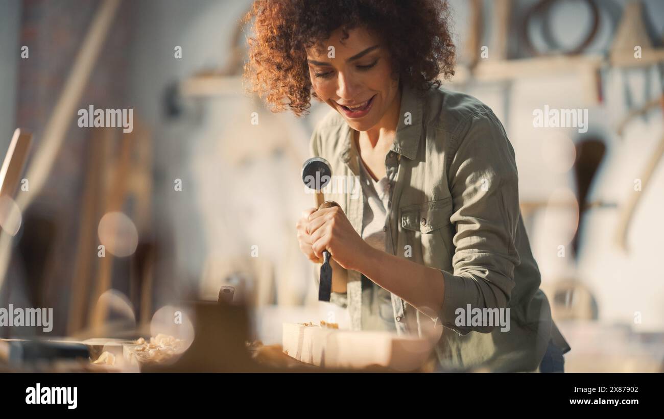 Portrait of a Talented Young Artisan Carpenter Using a Chisel to Work ...