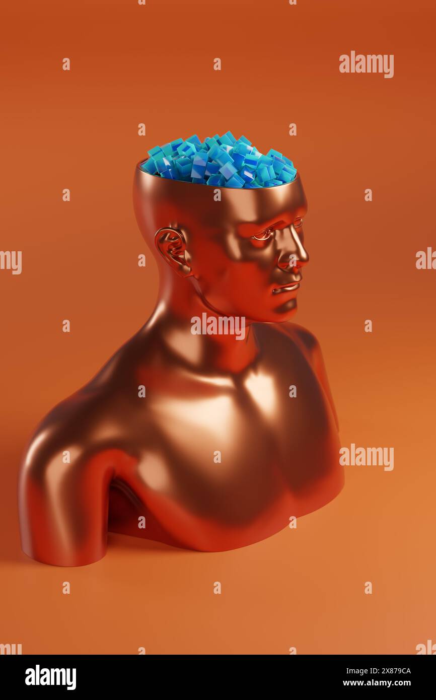 Bronze bust of a man with his head open and full of blue cubes. 3d ...