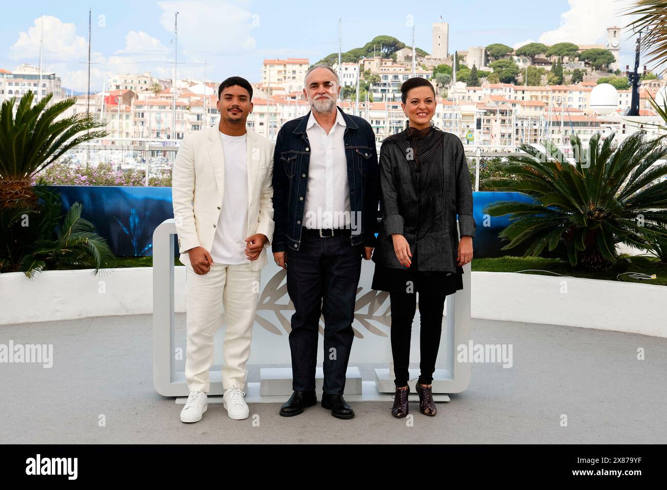 Iago Xavier, Karim Ainouz and Nataly Rocha pose at the photo call of ...