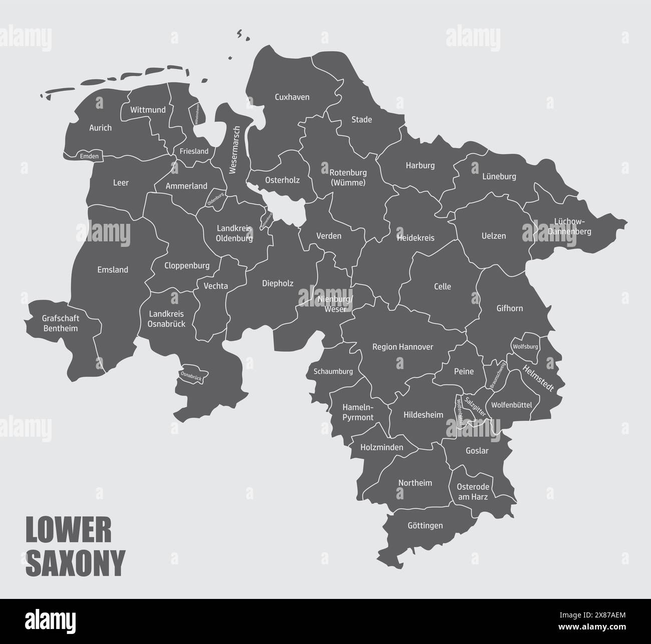 The administrative map of Lower Saxony State with labels, Germany Stock ...