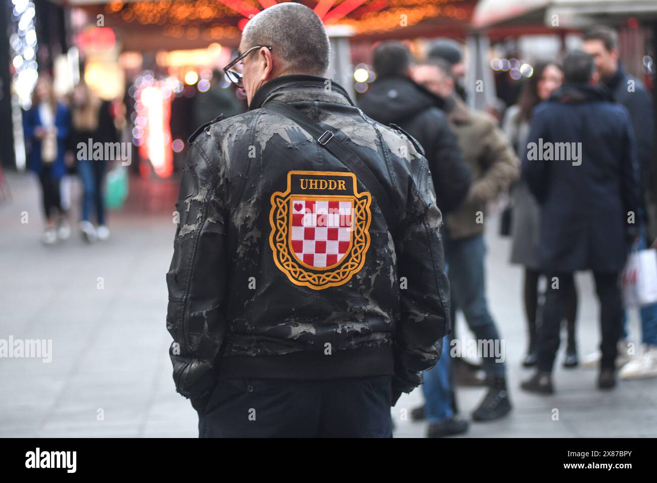 Croatians war veteran wearing a jacket with an Ustasa shield in Zagreb ...