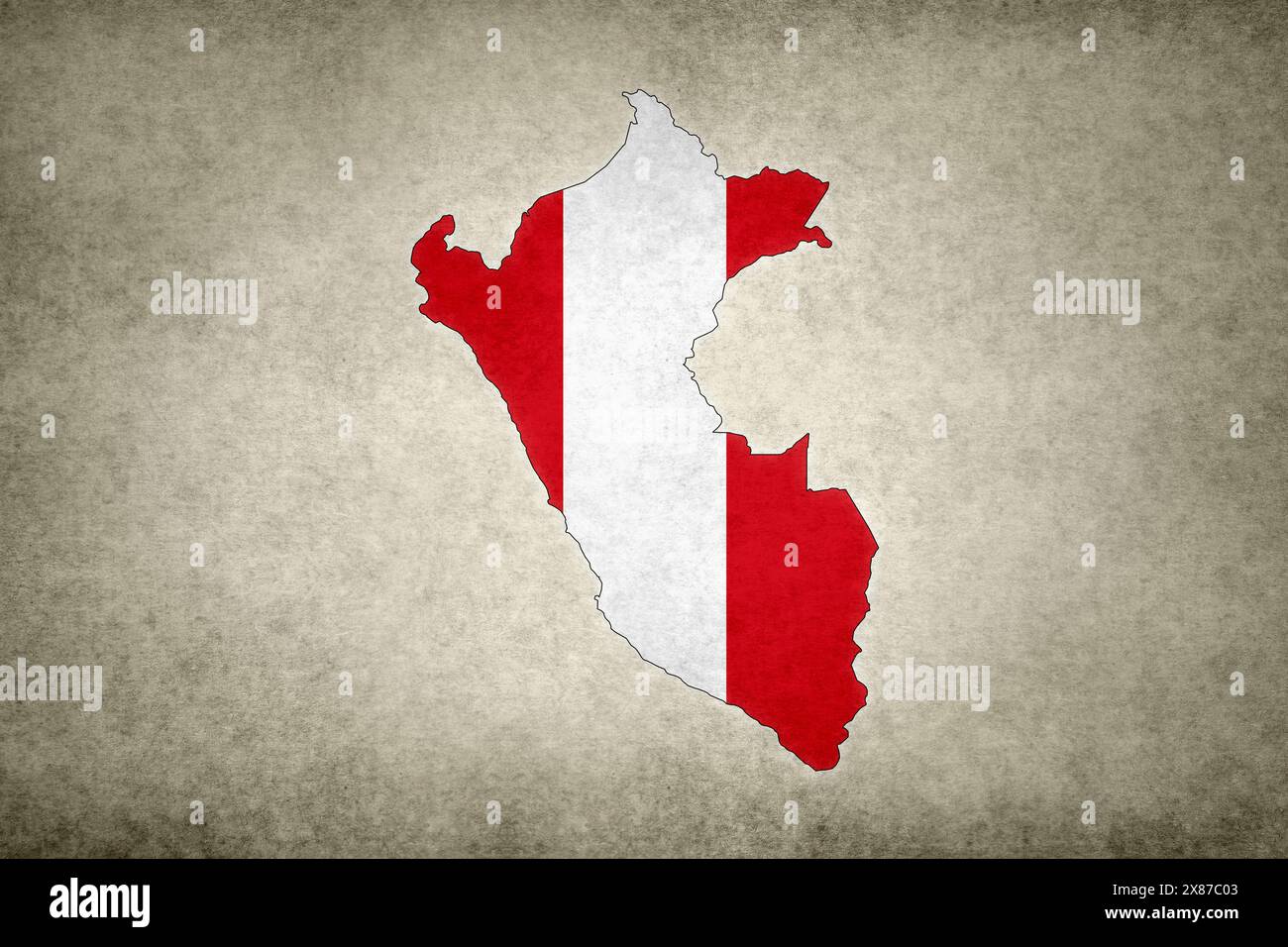 Grunge map of Peru with its flag printed within its border on an old ...