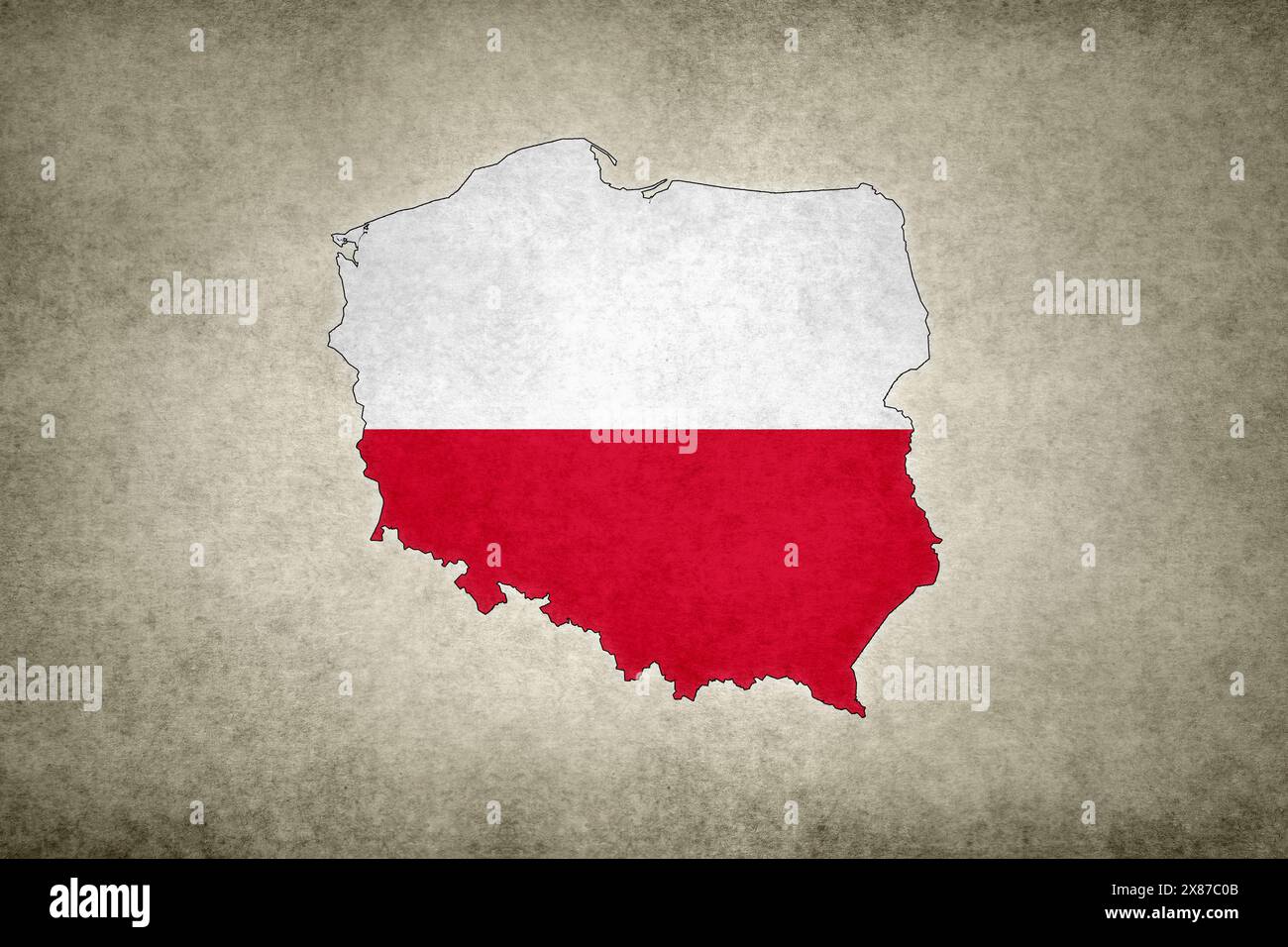 Grunge map of Poland with its flag printed within its border on an old ...