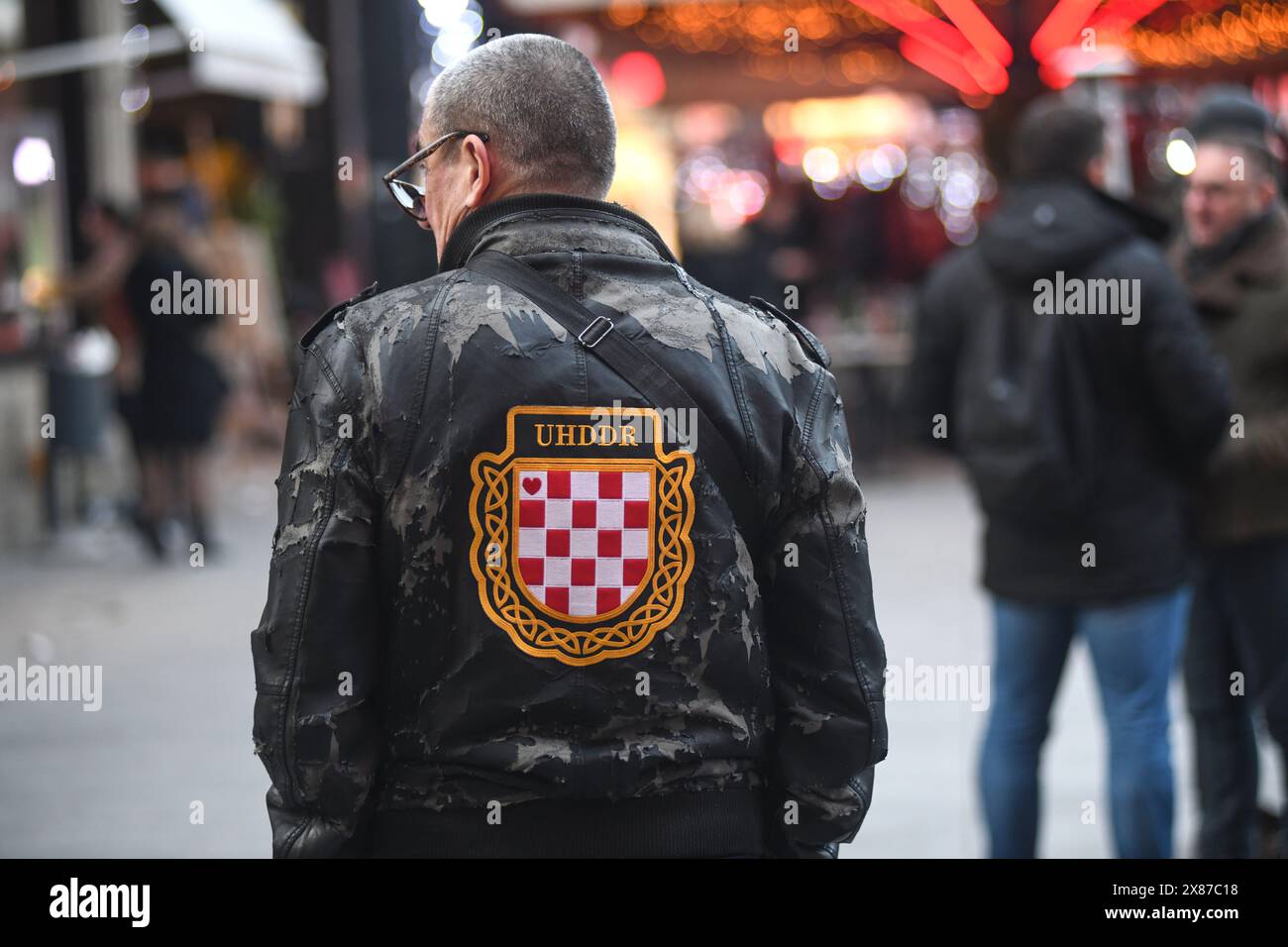 Croatians war veteran wearing a jacket with an Ustasa shield in Zagreb ...