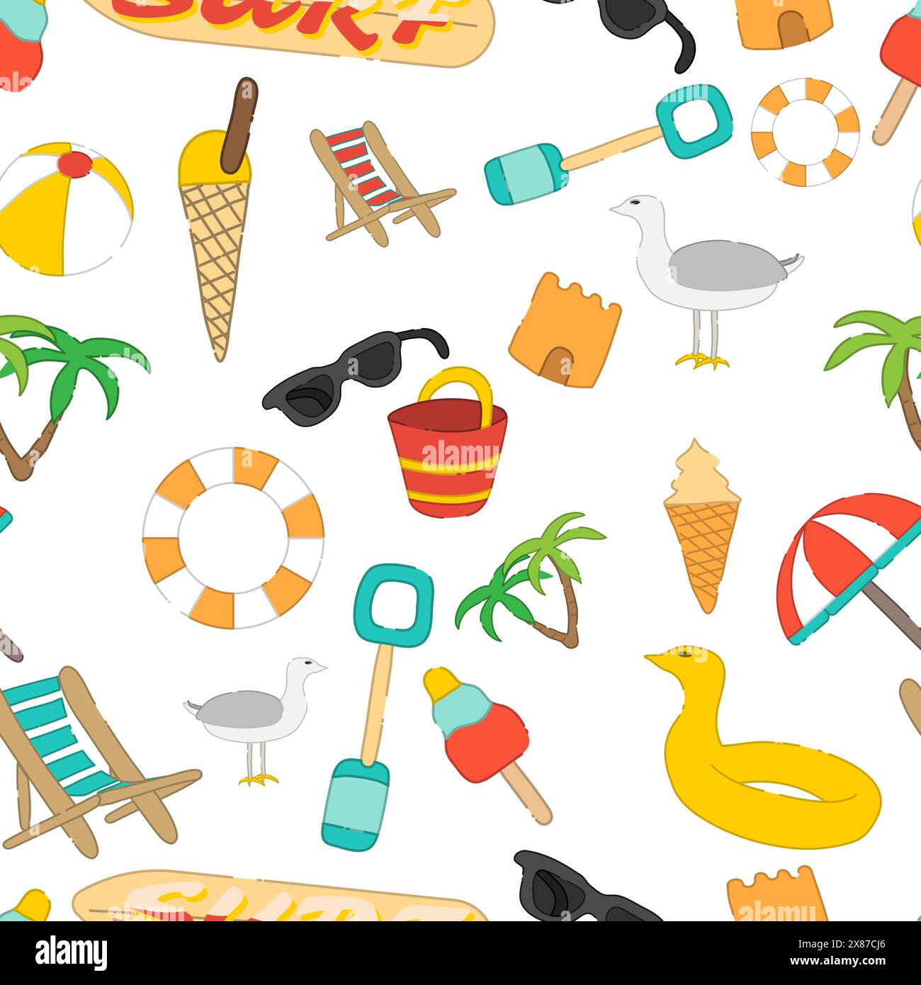 Summer Beach items seamless pattern, Hand drawn style Summer vector ...