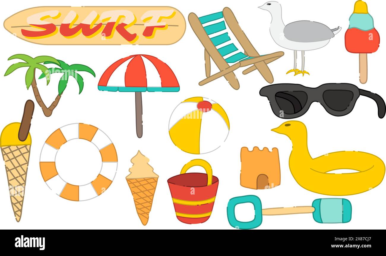 Summer beach elements in a Hand drawn style and muted colour palette ...