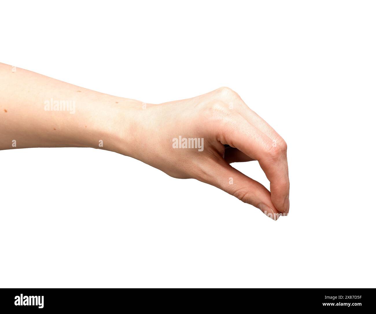 Pinch hand, finger isolated thumb. Pick hold female woman, white ...