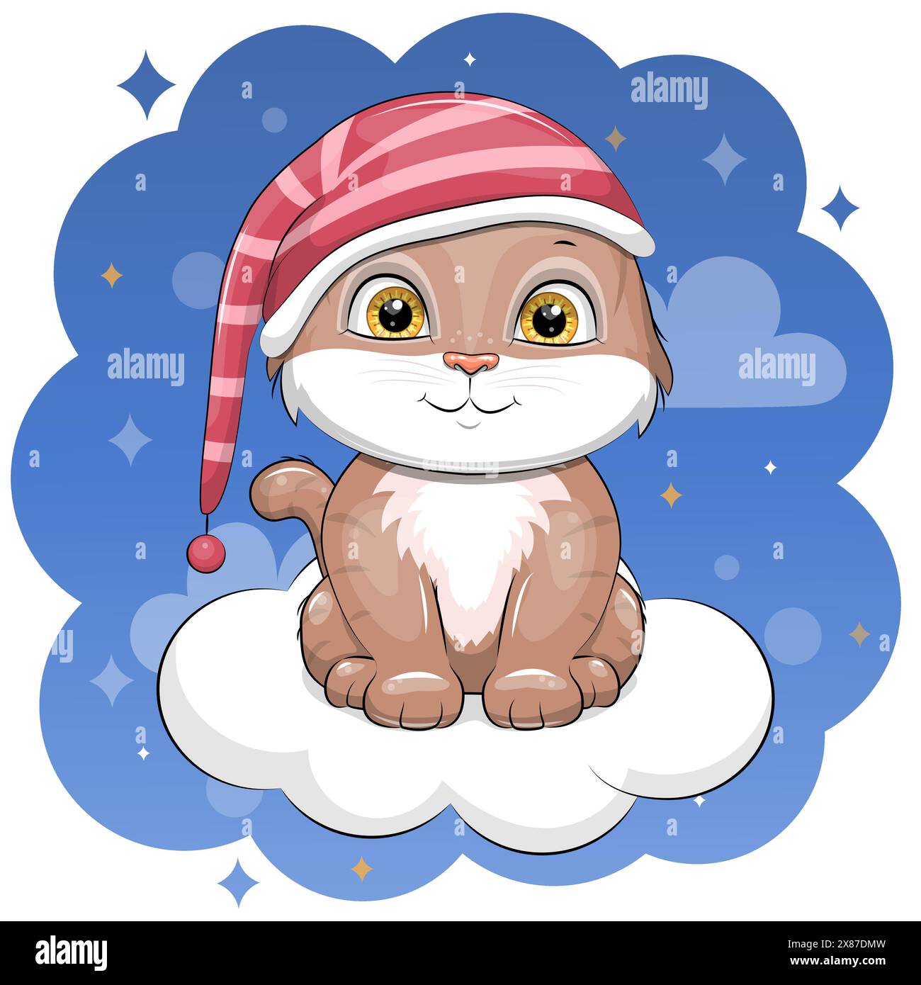 Cute cartoon cat is wearing a nightcap and sitting on a cloud. Night ...