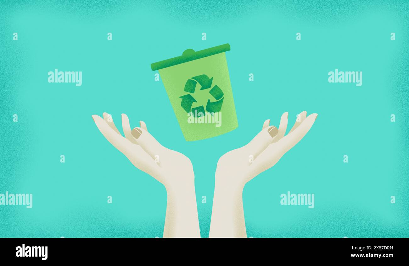 Hands with recycling garbage can against turquoise background Stock ...