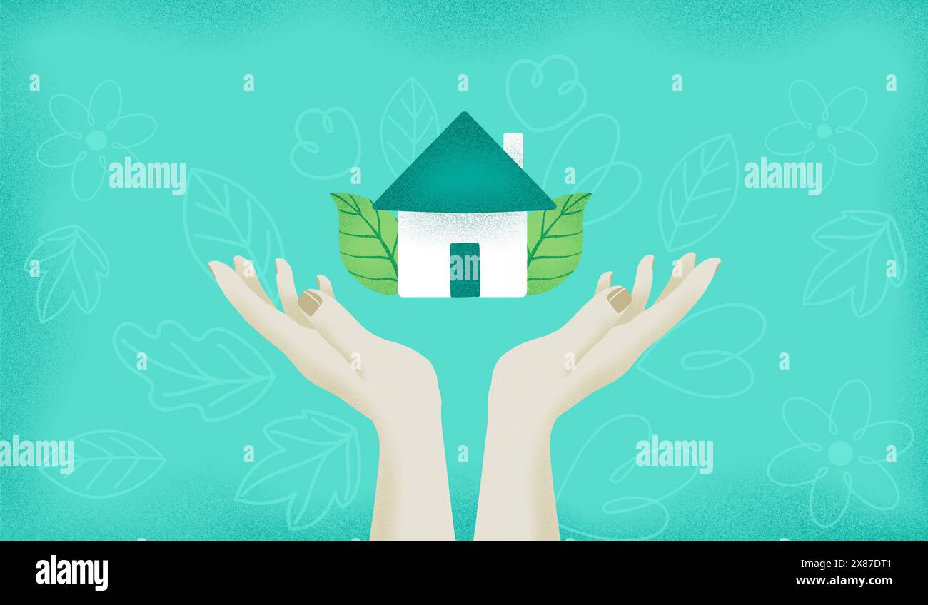Hands holding house with leaves against turquoise background Stock ...