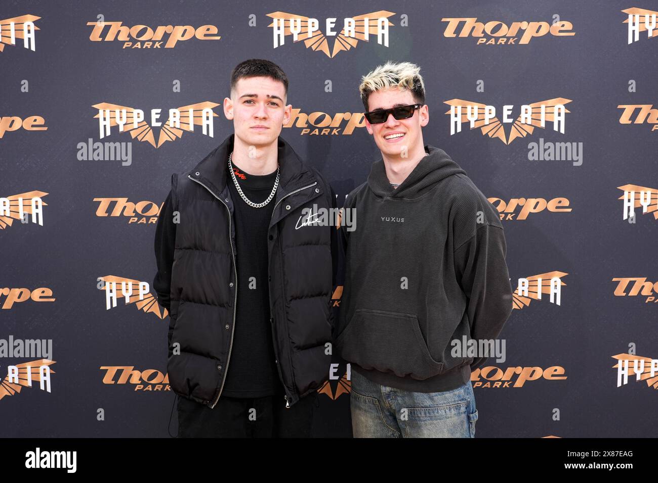 EDITORIAL USE ONLY Max and Harv arrive at Thorpe Park's VIP launch ...