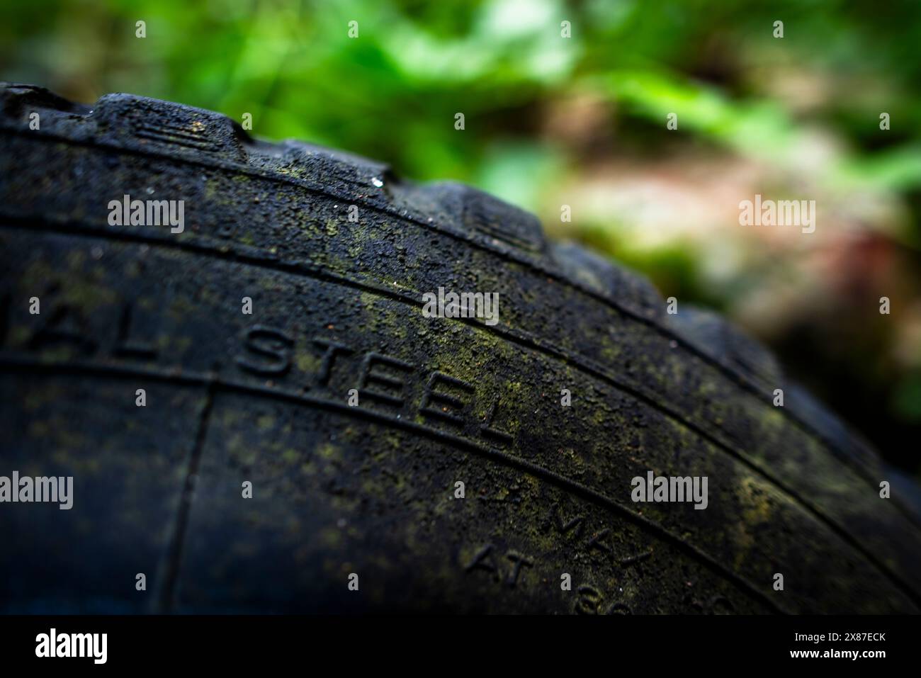 close-up of an old car wheel with a ruined black tire and rusty rim ...