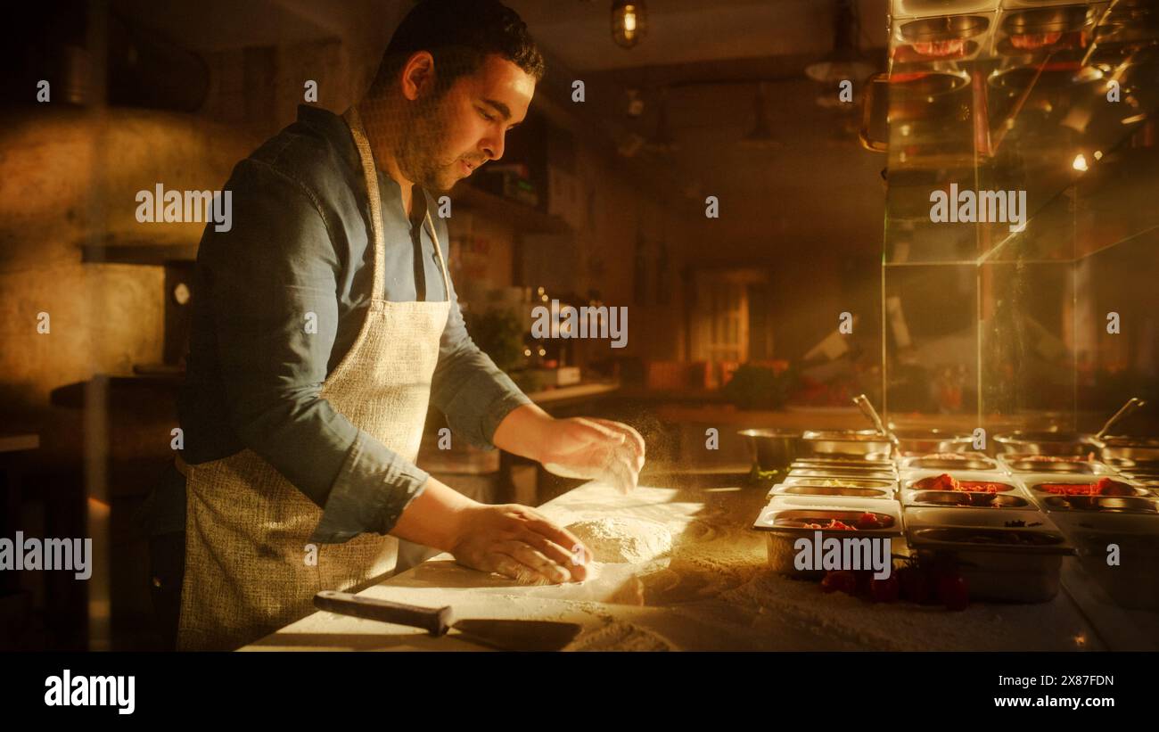 In Restaurant Professional Chef Preparing Pizza, Kneading Dough ...