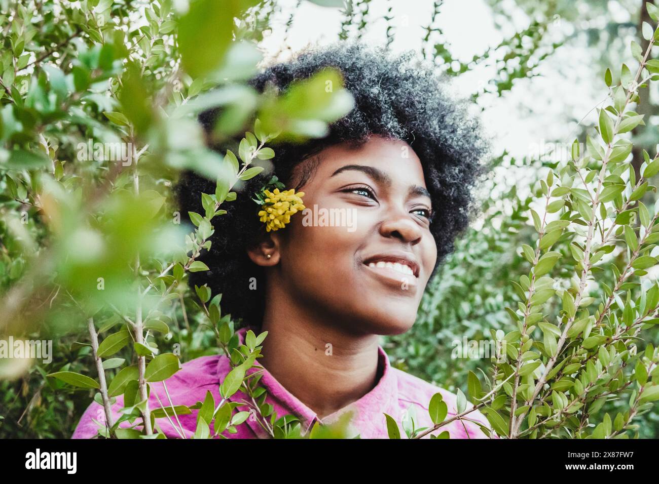 Smiling woman amidst green bush at park Stock Photo - Alamy