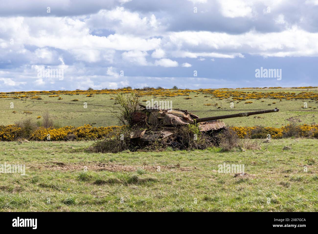 Ruins of a rusting abandoned tank near Imber village on MOD military ...