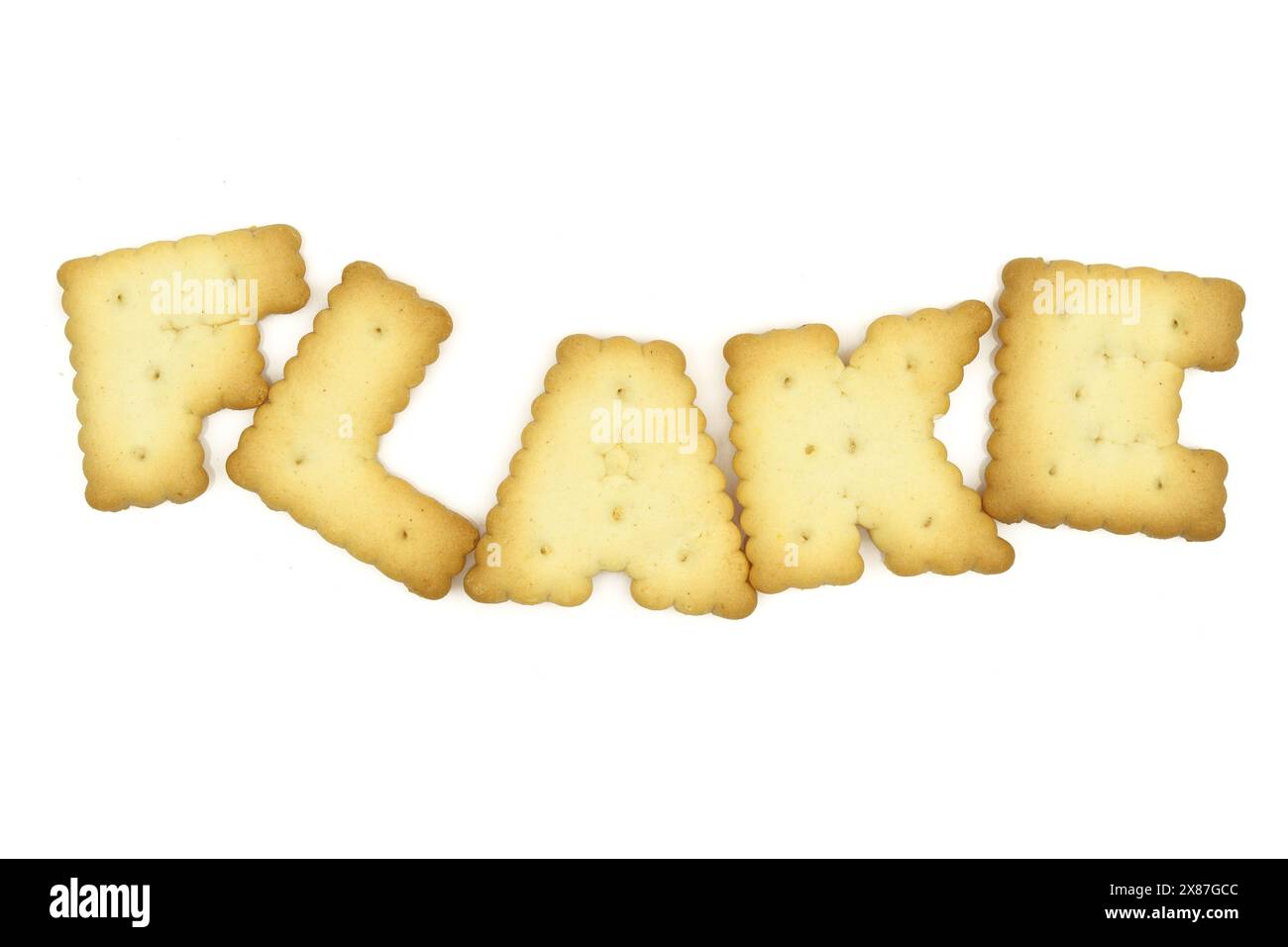 Capital letter shaped biscuits forming word FLAKE isolated on white ...
