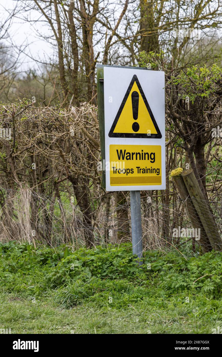 Warning Troops Training sign, Salisbury Plain, Wiltshire, England, UK ...