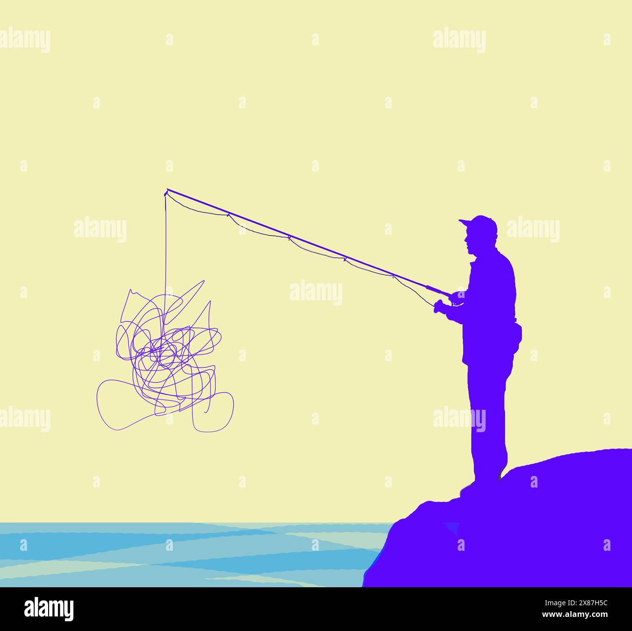 Illustration of man standing on cliff with tangled fishing line Stock ...
