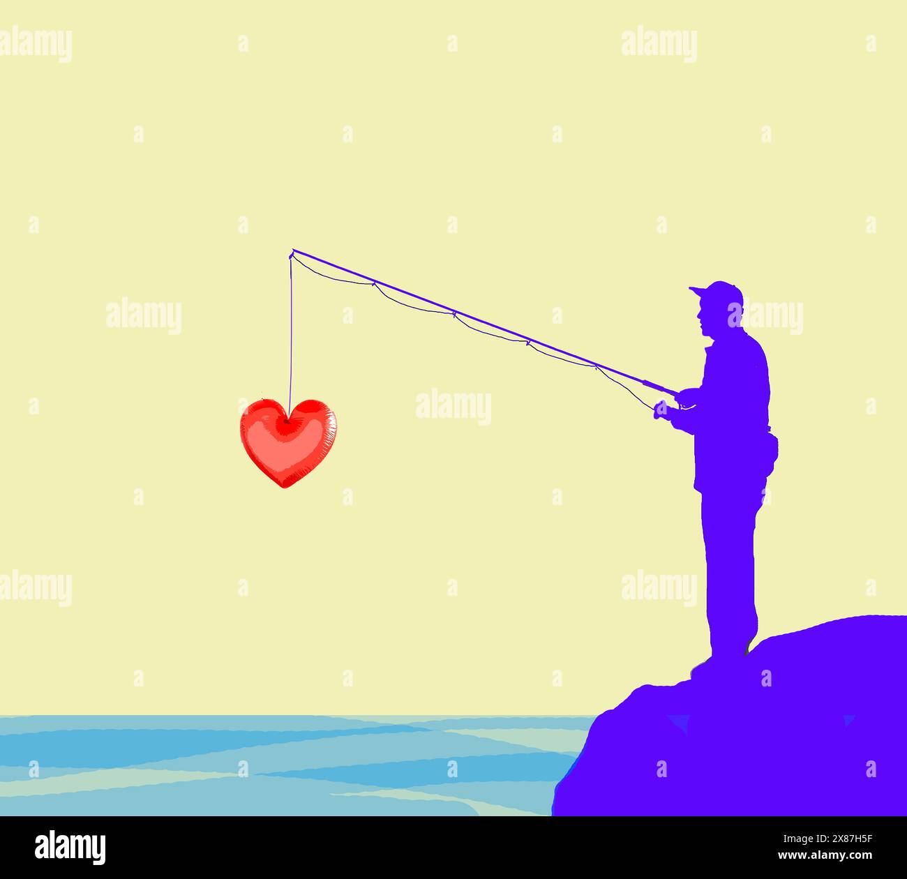 Illustration of man catching red heart shape standing on cliff Stock ...