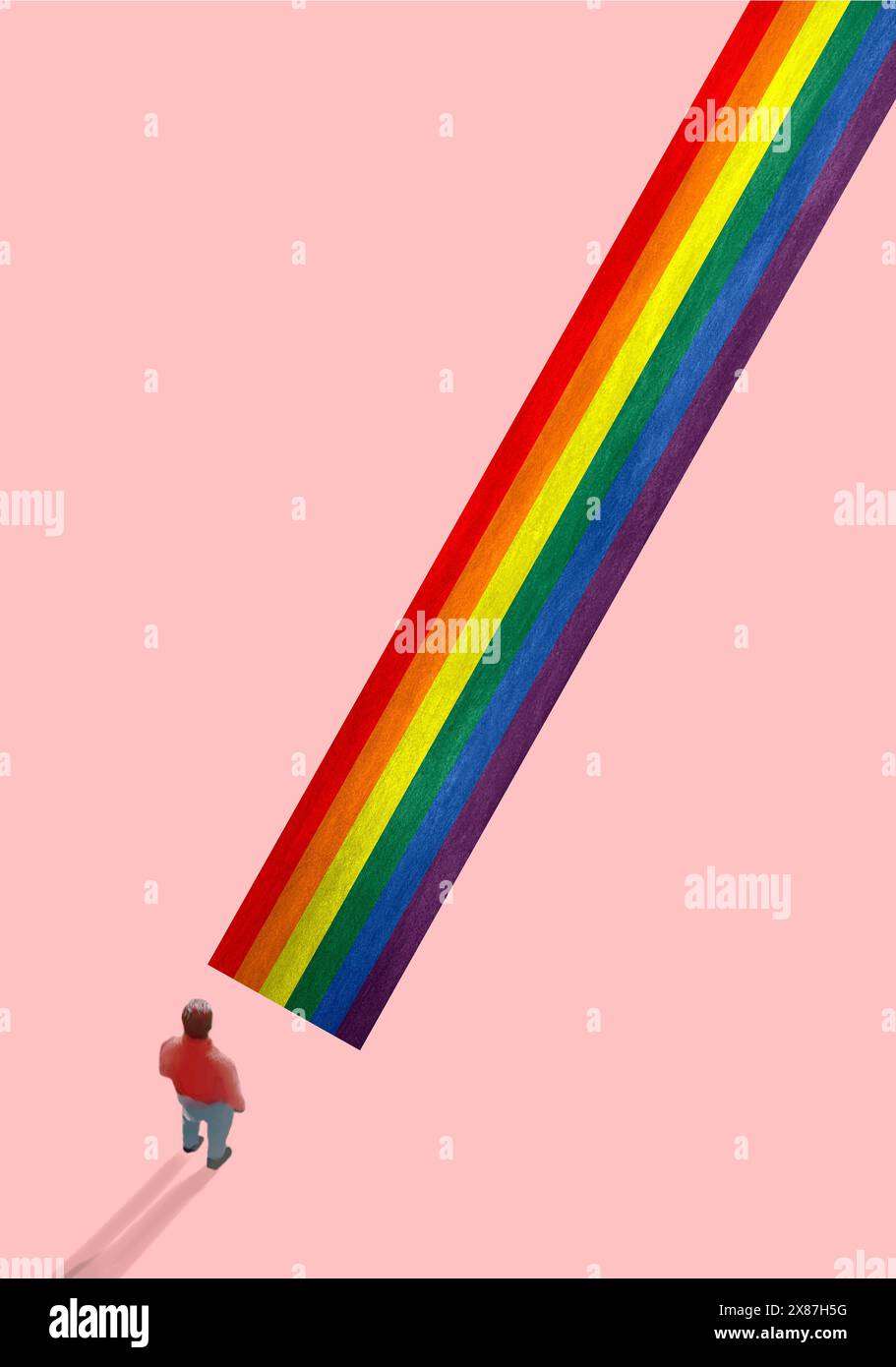 Illustration of man standing at LGBTQIA pathway on coral background ...