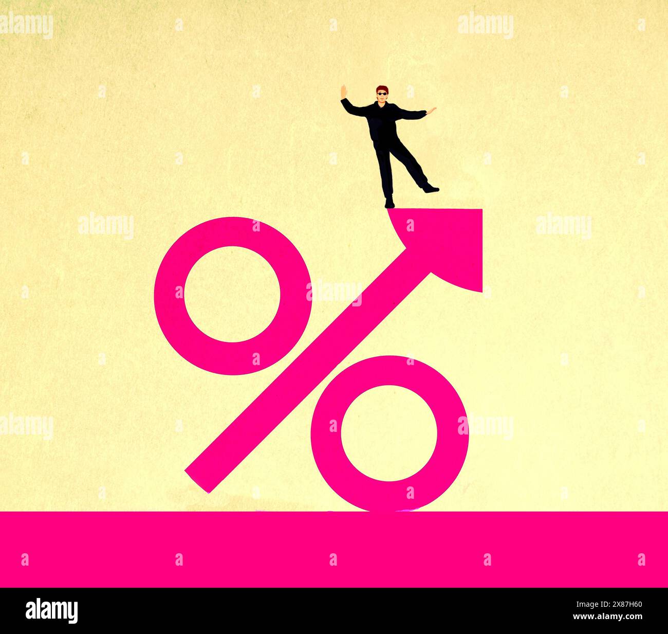 Illustration of man balancing on oversized percentage symbol against ...
