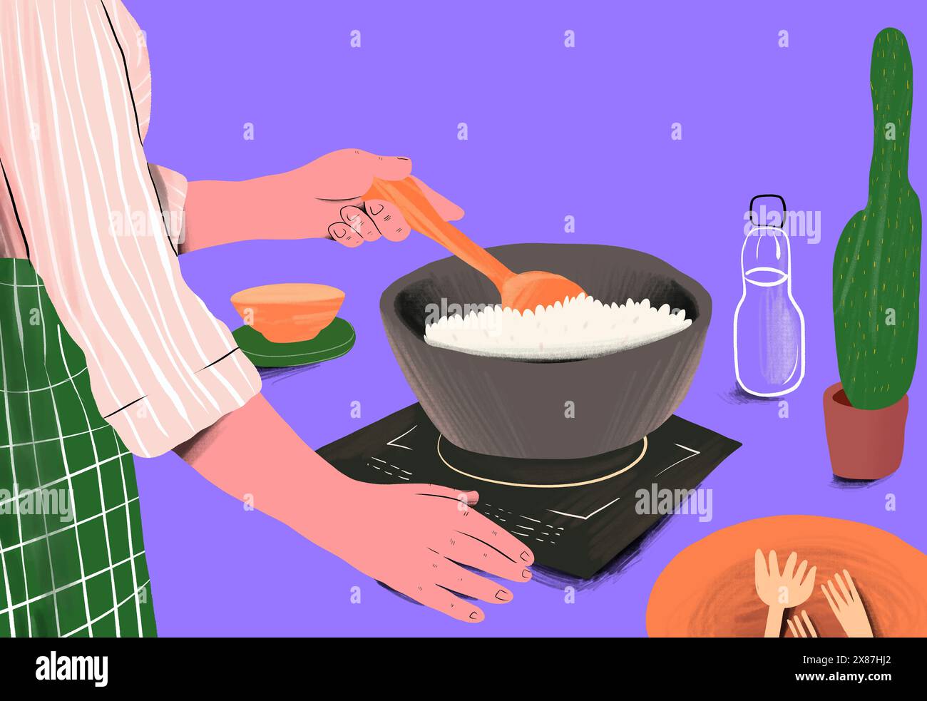 Woman cooking rice in pot on stove against purple background Stock ...