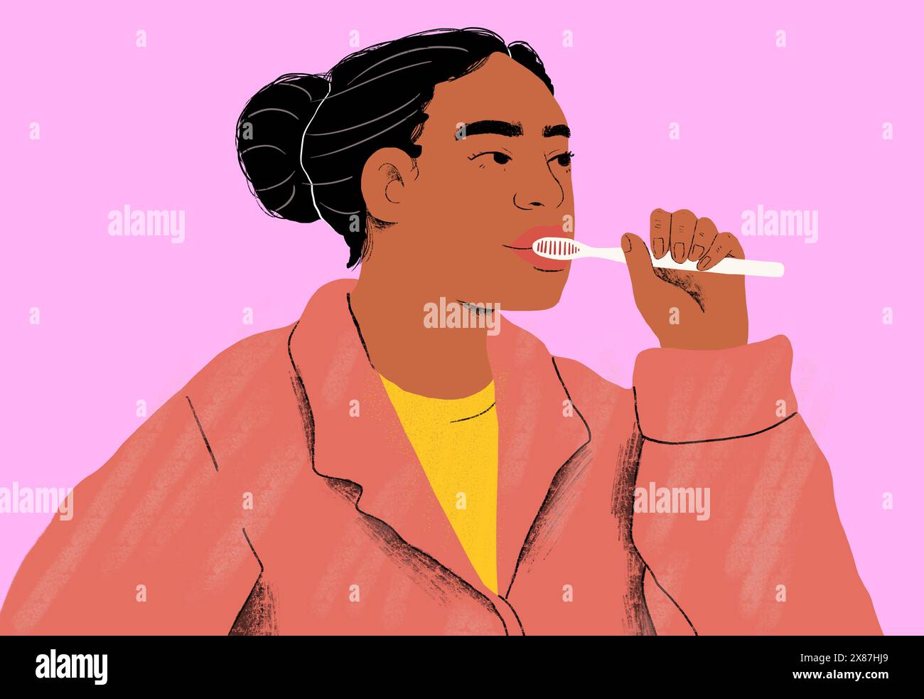 Woman brushing teeth against pink background Stock Photo - Alamy