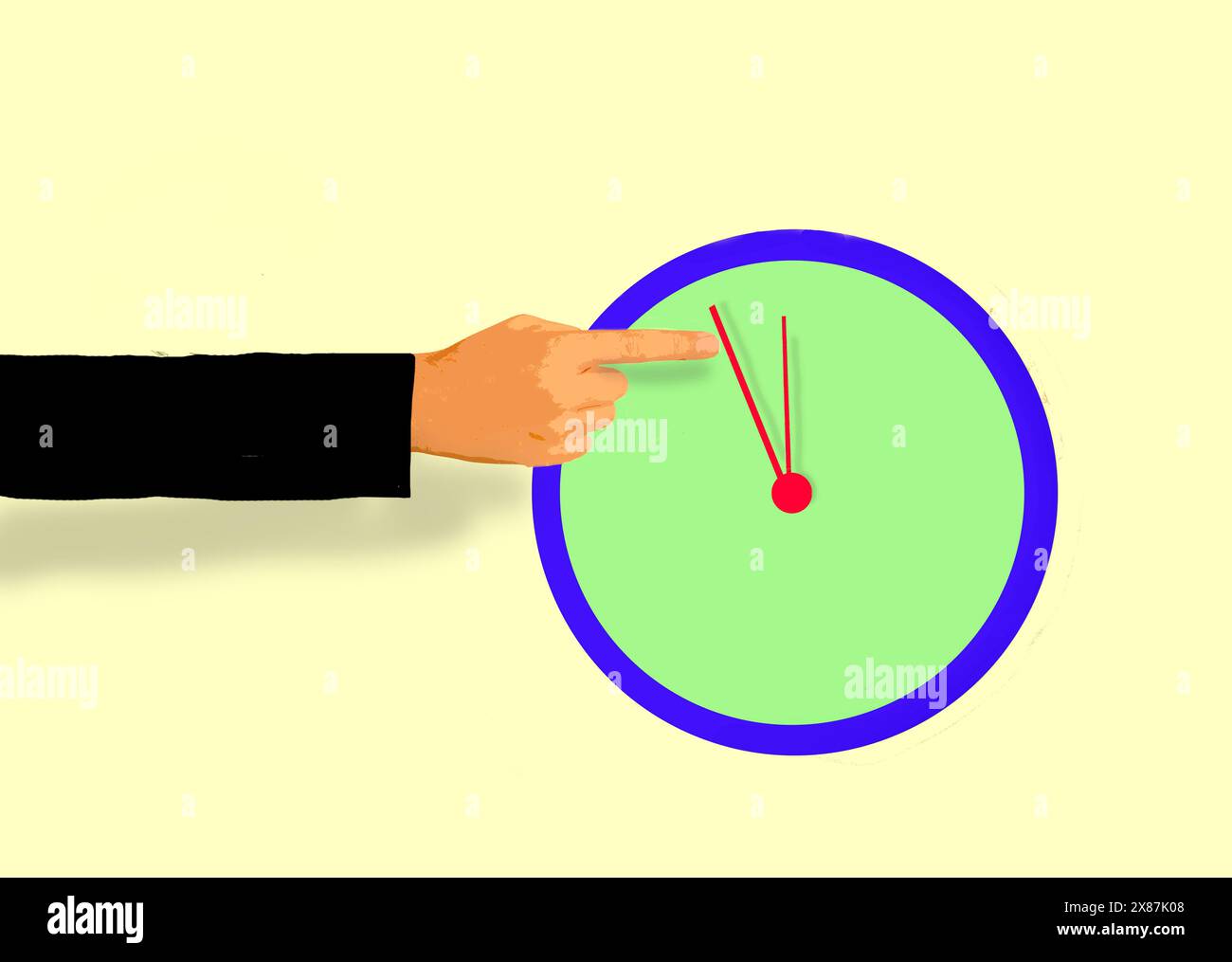 Hand pointing over clock against yellow background Stock Photo - Alamy