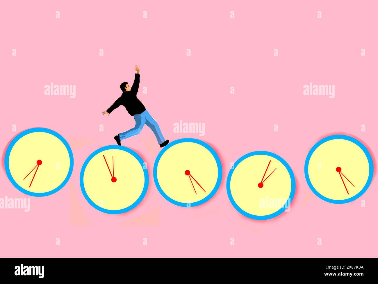 Man stumbling on clocks against pink background Stock Photo - Alamy