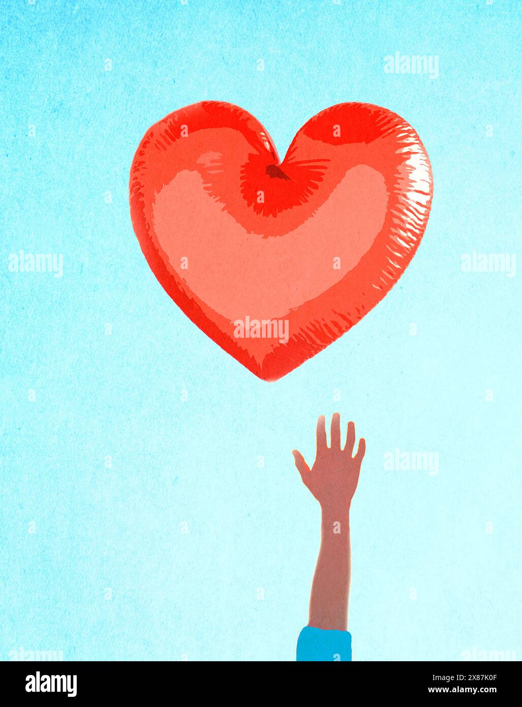Hand reaching for red heart shaped balloon Stock Photo - Alamy
