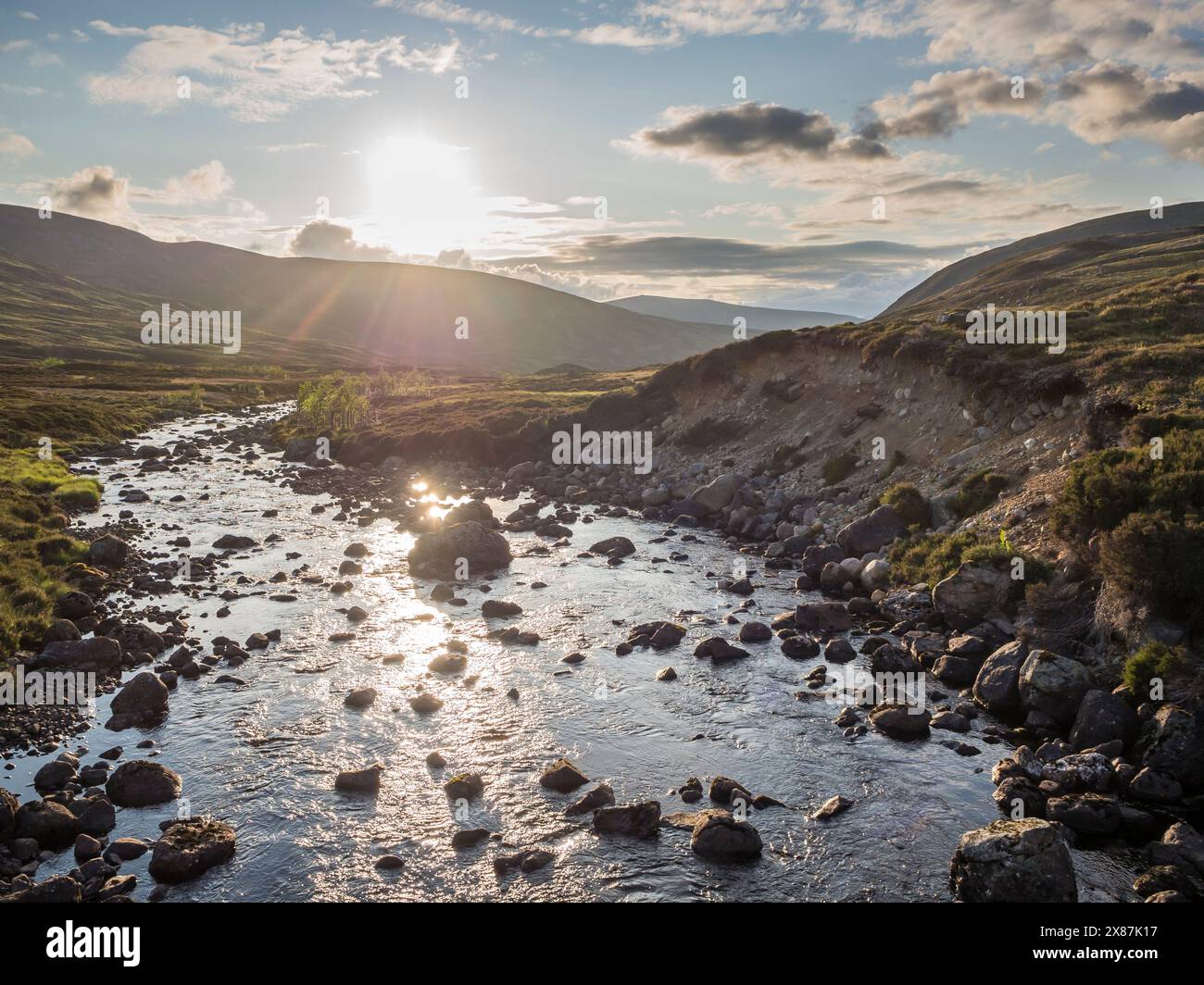 UK, Scotland, Callater river in Cairngorm Mountains at sunset Stock ...