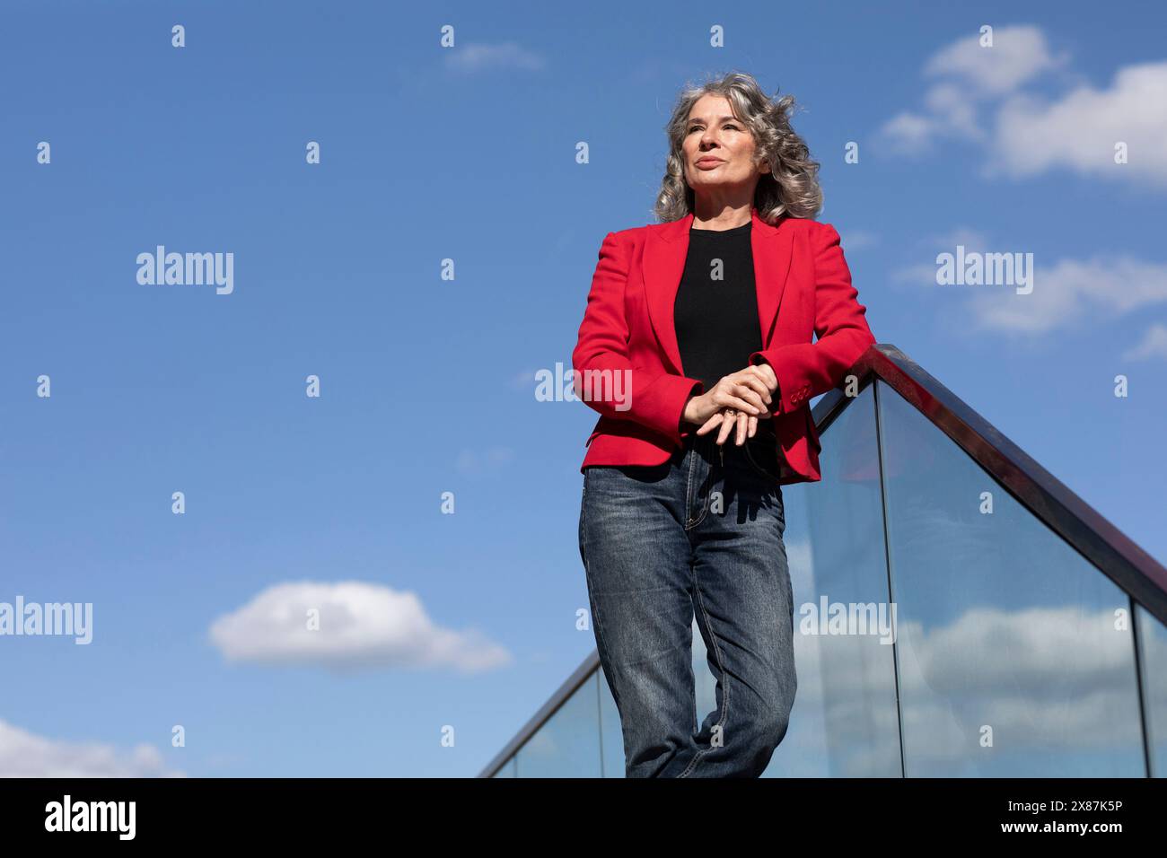 Confident businesswoman leaning on railing under sky Stock Photo - Alamy