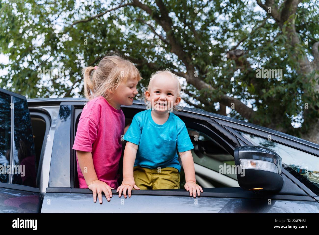 Siblings leaning out of car window Stock Photo - Alamy