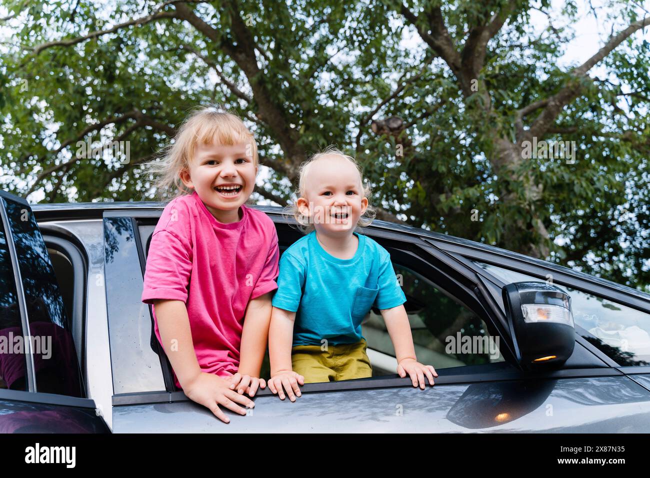 Happy siblings leaning out of car window Stock Photo - Alamy