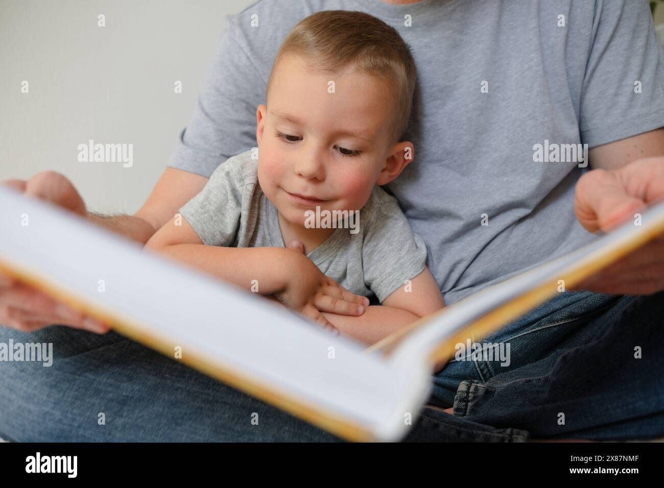 Son with father reading book at home Stock Photo - Alamy
