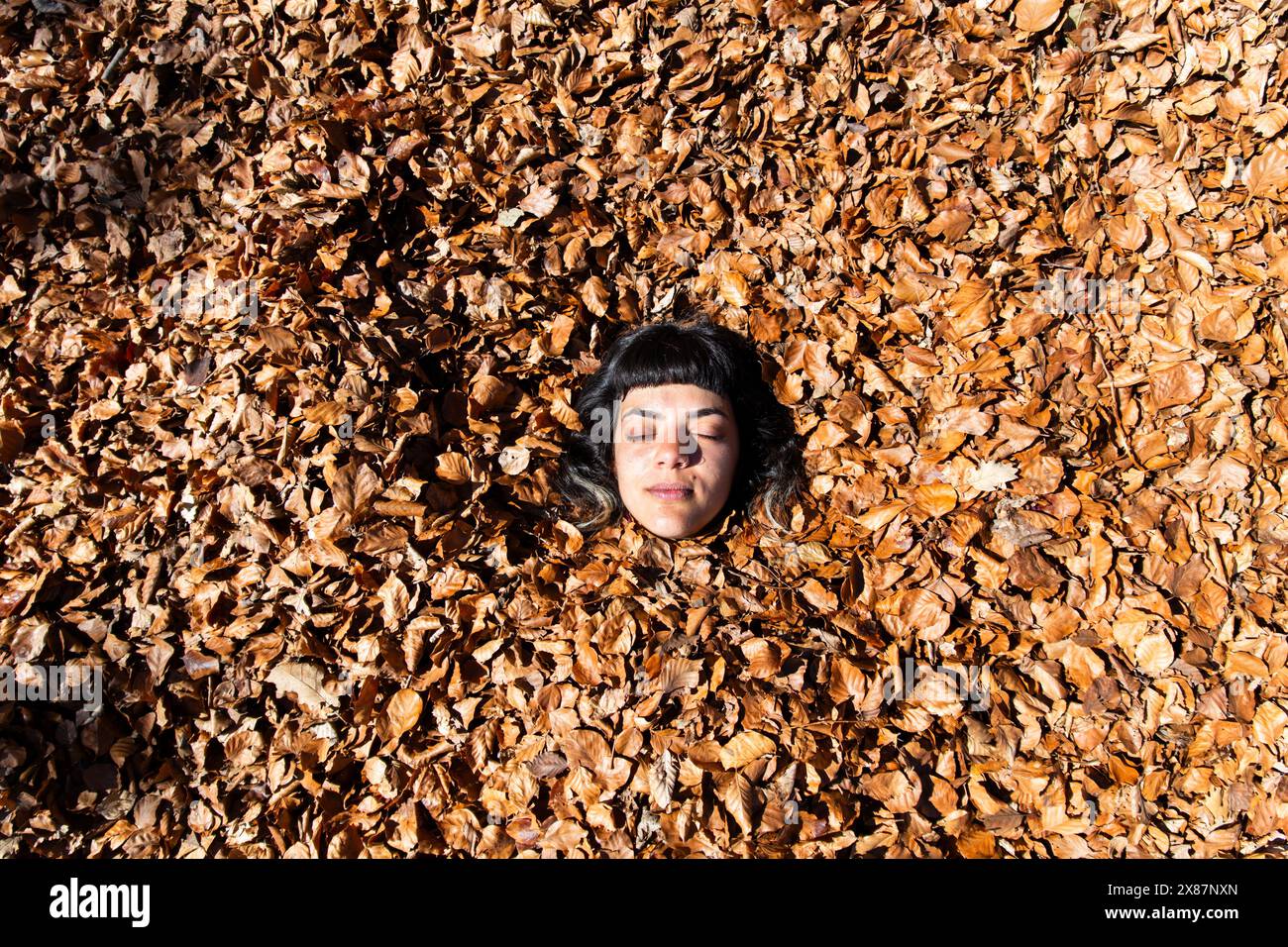 Young woman with eyes closed amidst fallen autumn leaves Stock Photo ...