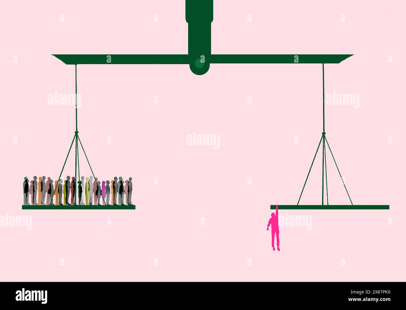 Group of people on one side and man hanging on other side of weighing ...