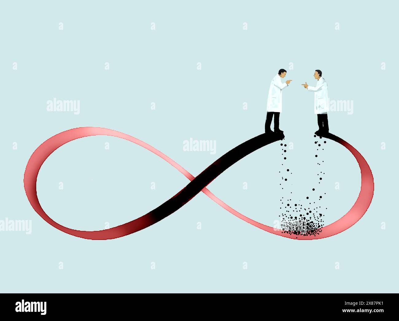 Scientists arguing on crumbling eternity symbol over blue background ...