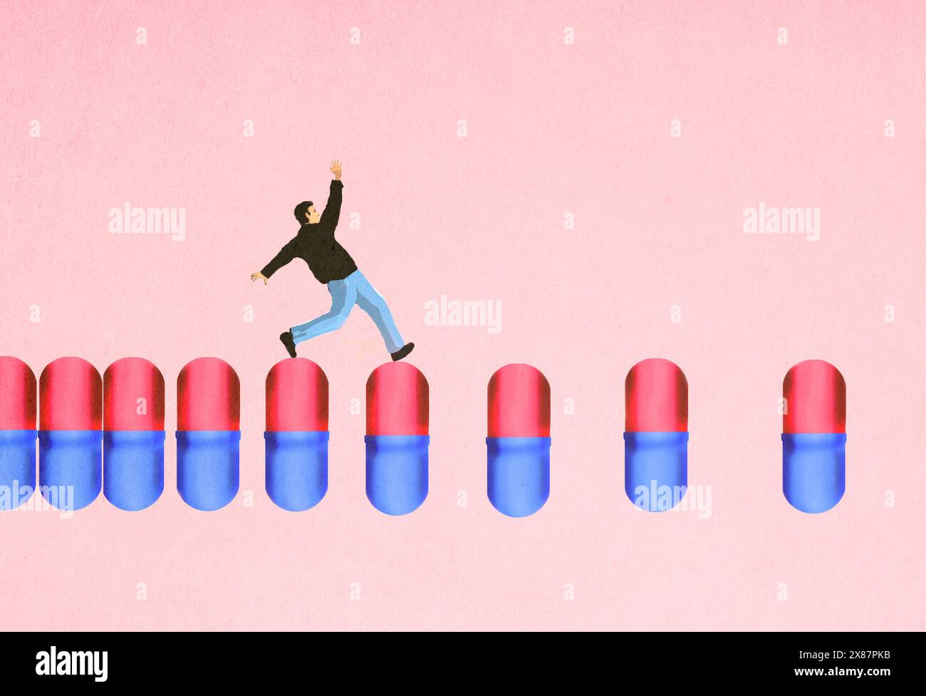 Man stumbling over medical capsules against pink background Stock Photo ...